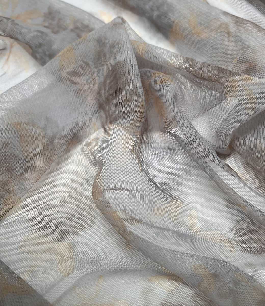Printed Floral Tulle Grey (2.5m Piece) | Silk Trader